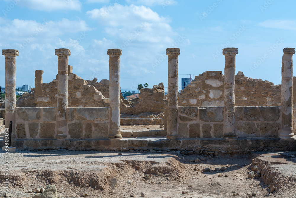 Ruins in Cyprus. Ancient pastroika of Paphos. Pillars of the medieval ...