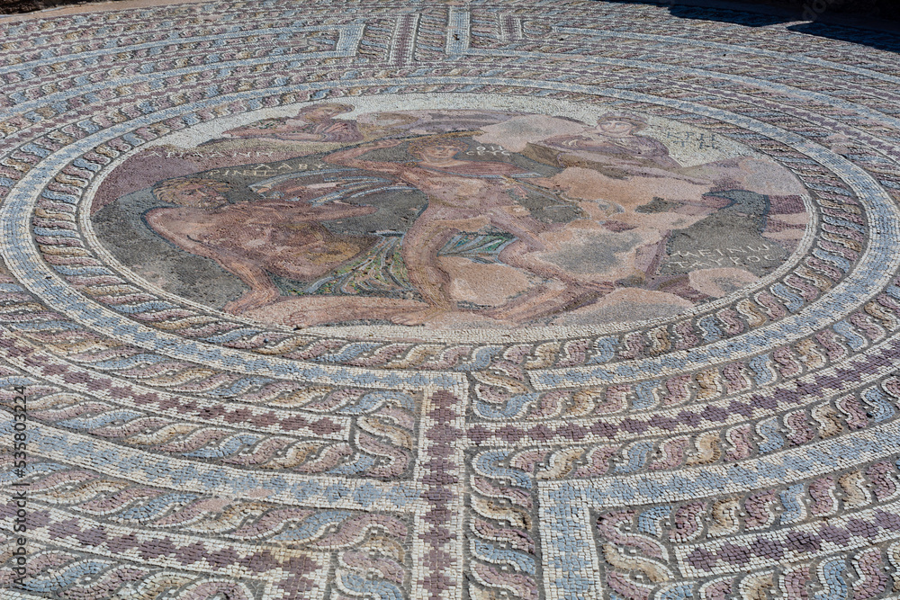 old mosaic in Paphos, Cyprus with an antique roman ruin Stock Photo ...
