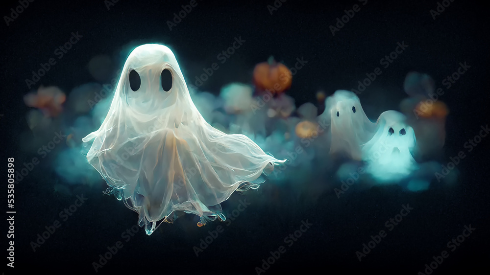 Scary ghost on dark background. Ghost in a white sheet. Ghost in a ...