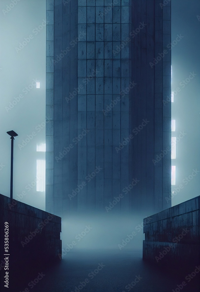 huge intimidating building cyberpunk house exterior in fog Stock ...