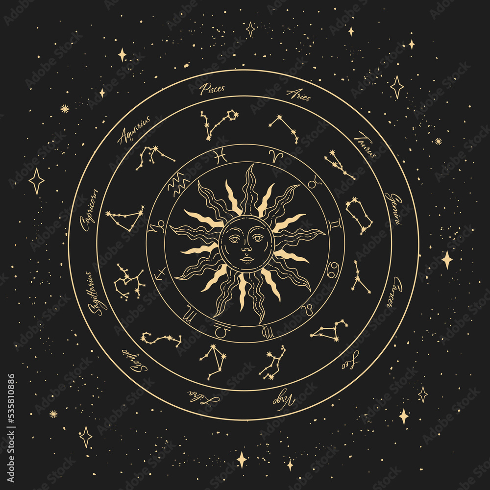 Vector zodiac wheel on the background of the starry sky. Astrological ...