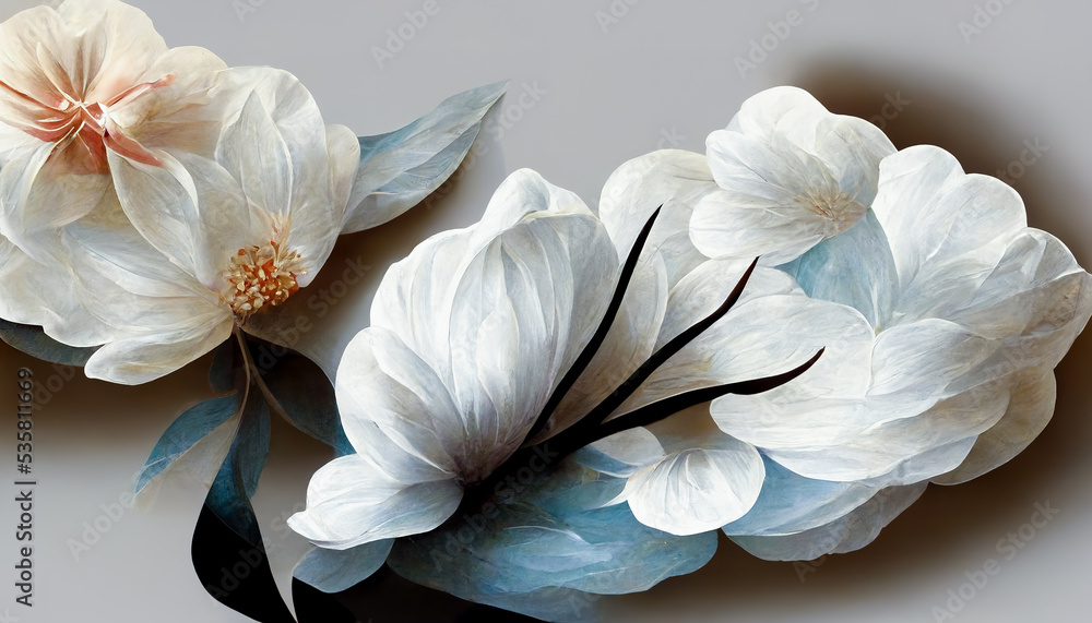 White flowers with leaves is depicted on the canvas. The bud is white ...