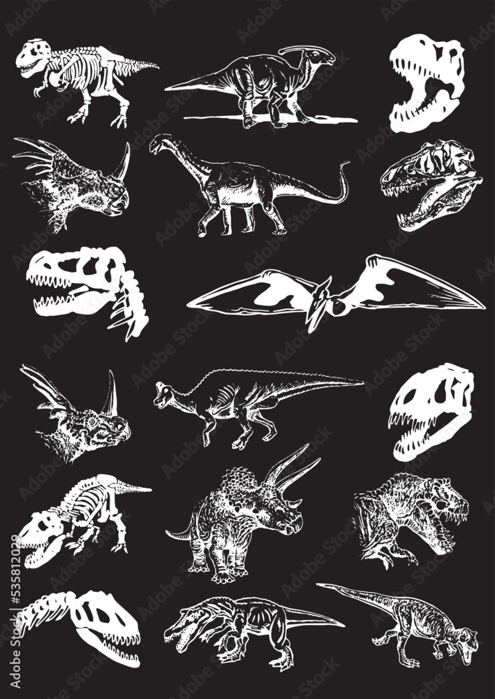 Graphical set of dinosaurs isolated on black background,vector engraved ...