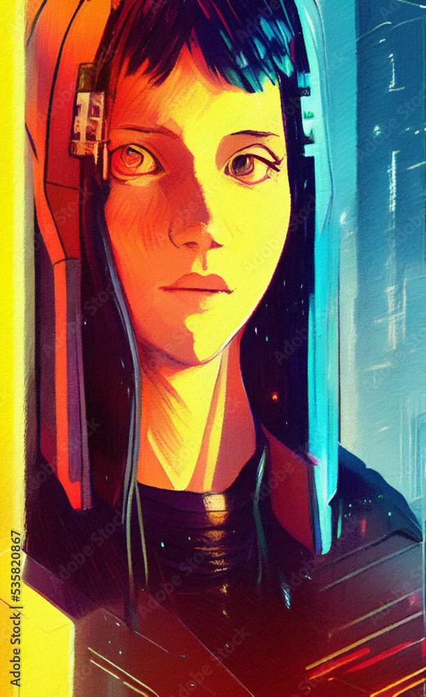 Cyberpunk girl portrait digital painting art. Future concept ...