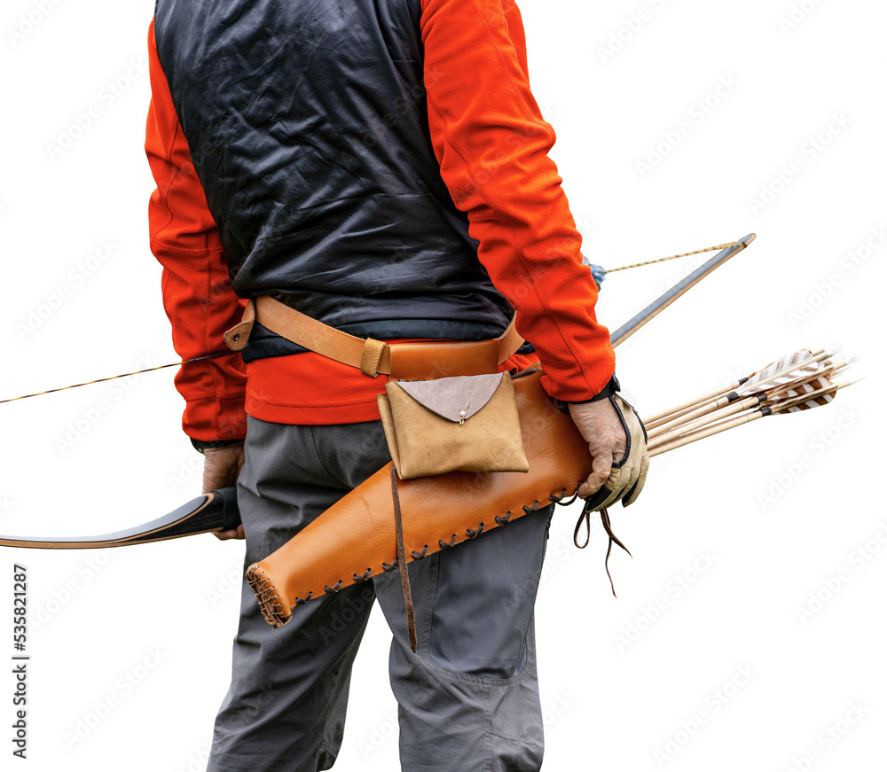 Close-up of an archer with leather quiver with arrows and bow (Longbow ...