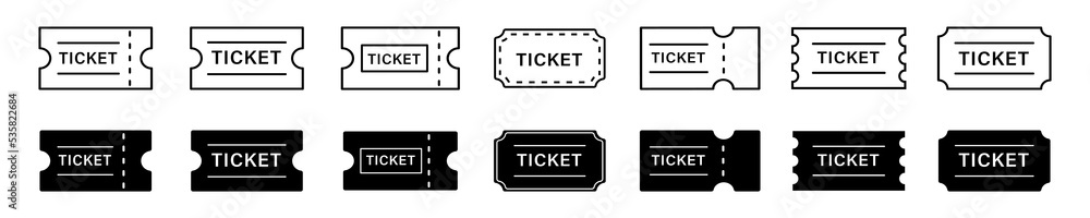 Ticket admit icon set. Movie ticket stub sign. Line raffle ticket icon ...