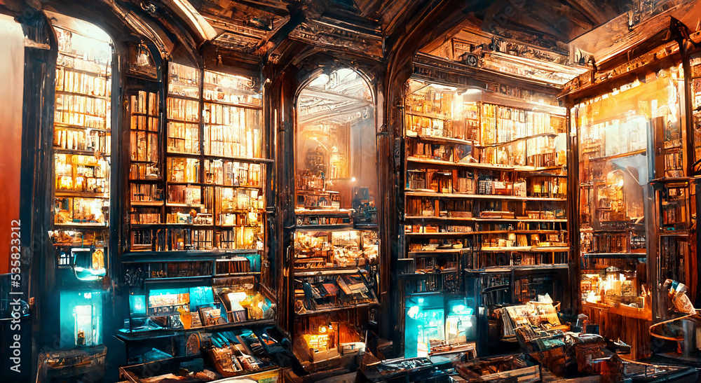 Old library or bookshop with many books on shelves high contras ...