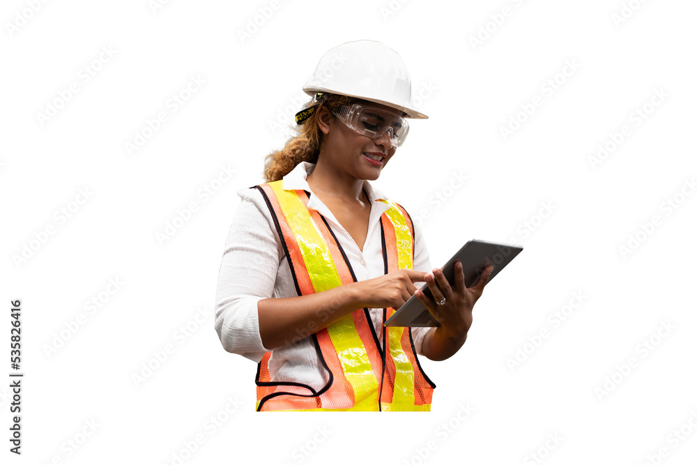 African American woman engineer wear safety uniform and helmet working ...