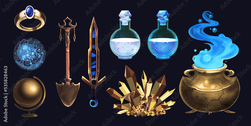 A set of isolated icons. Potions, sword, shovel, crystals, boiling ...
