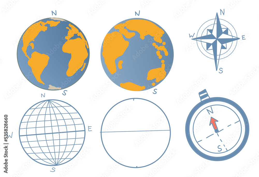 Globe cardinal points map of the hemispheres of the earth planet ...