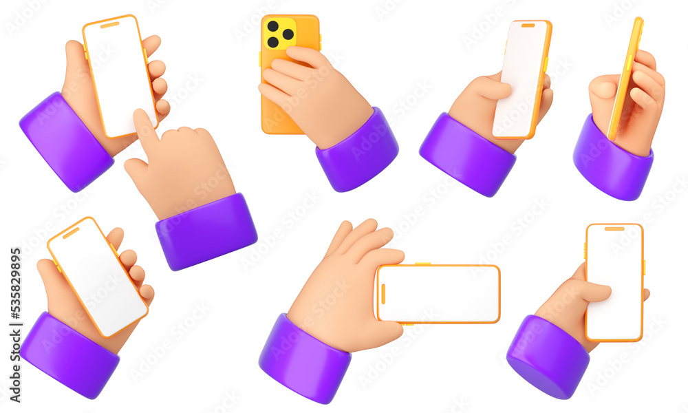 3d cartoon human hands holding smartphone set. Using mobile phone ...
