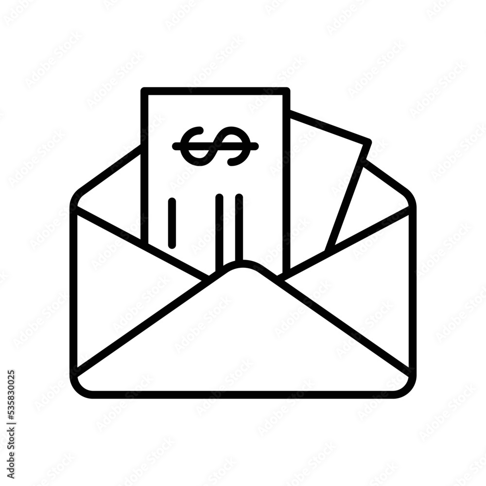 Send invoice icon with mail envelope and bank cheque in black outline ...
