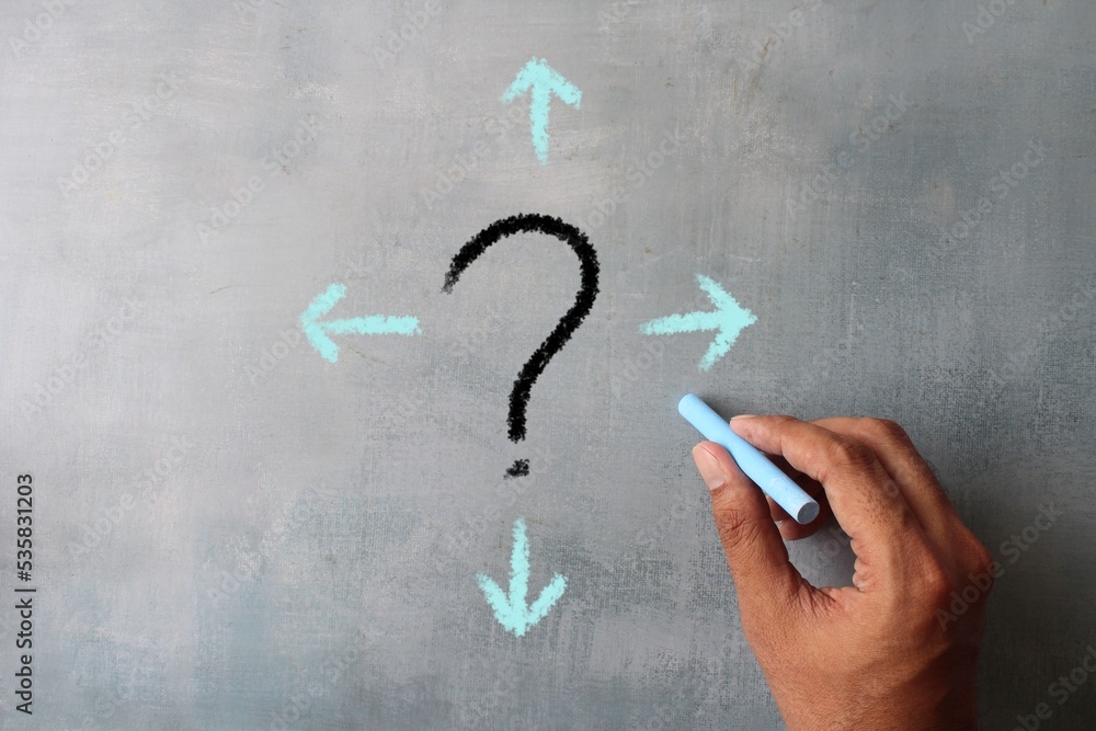 Hand drawing arrows and question mark. Different direction, confuse ...