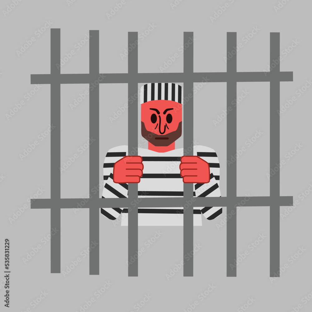 prison cartoon style, man behind bars on grey background Stock Vector ...