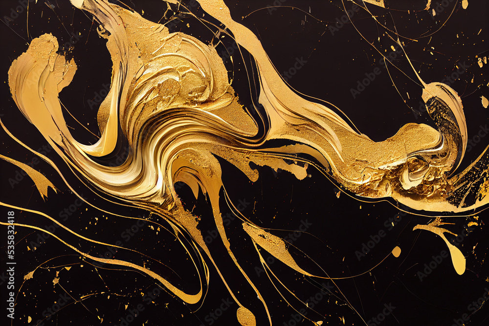 gold paint splatter on black abstract background with swirls Stock ...