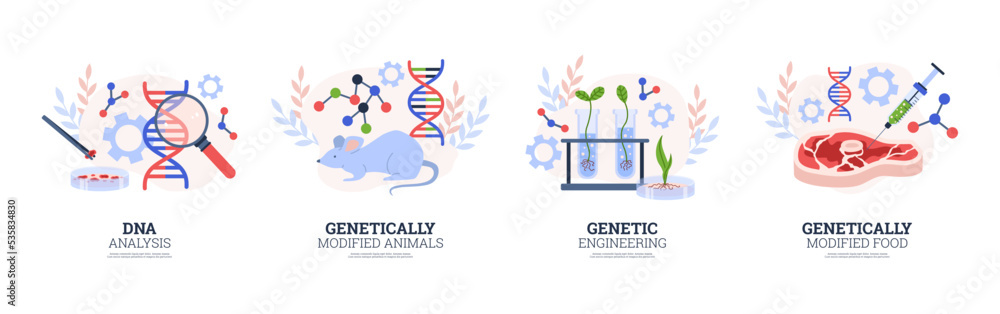 Genetic engineering and DNA modifications banners vector illustration ...
