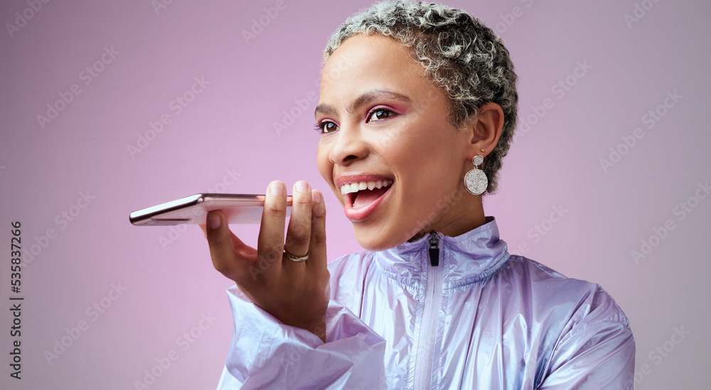Black woman, phone call or voice message on purple studio background in ...