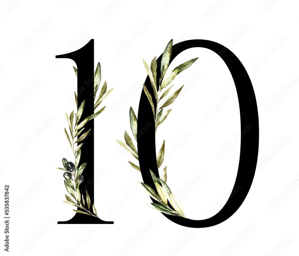 Watercolor floral number 10 illustration. Greenery olive black digit 10 ...