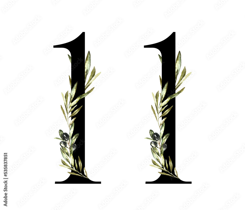 ภาพประกอบสต็อก Watercolor floral number 11 illustration. Greenery olive ...