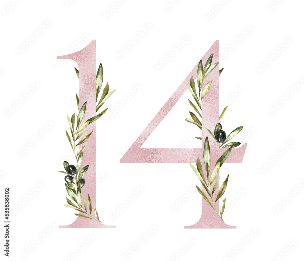 Watercolor floral number 14 illustration. Greenery olive digit 14 with ...