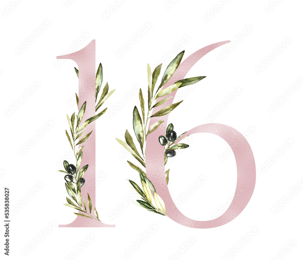 Watercolor floral number 16 illustration. Greenery olive digit 16 with ...