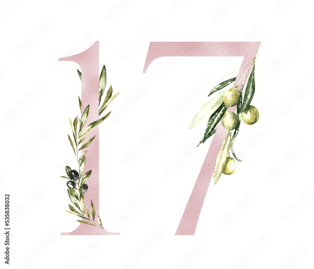 Watercolor floral number 17 illustration. Greenery olive digit 17 with ...