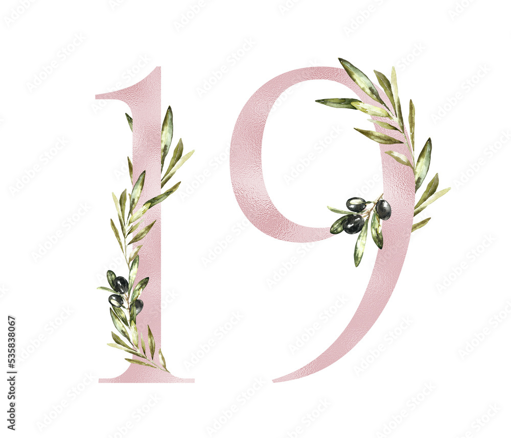 Watercolor floral number 19 illustration. Greenery olive digit 19 with ...