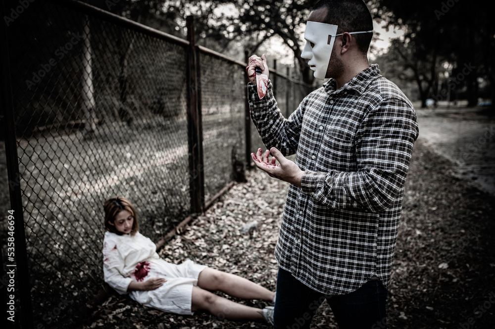 Poster A serial killer scene is about to kill an Asian woman,concept ...