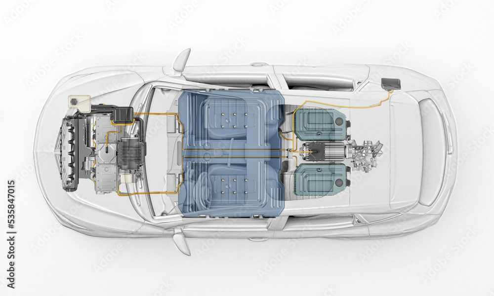Electric car technical cutaway 3d rendering. Top view. Stock ...