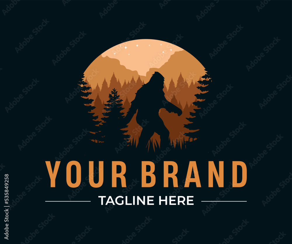 Bigfoot walks between pine trees with night scene Stock Vector | Adobe ...