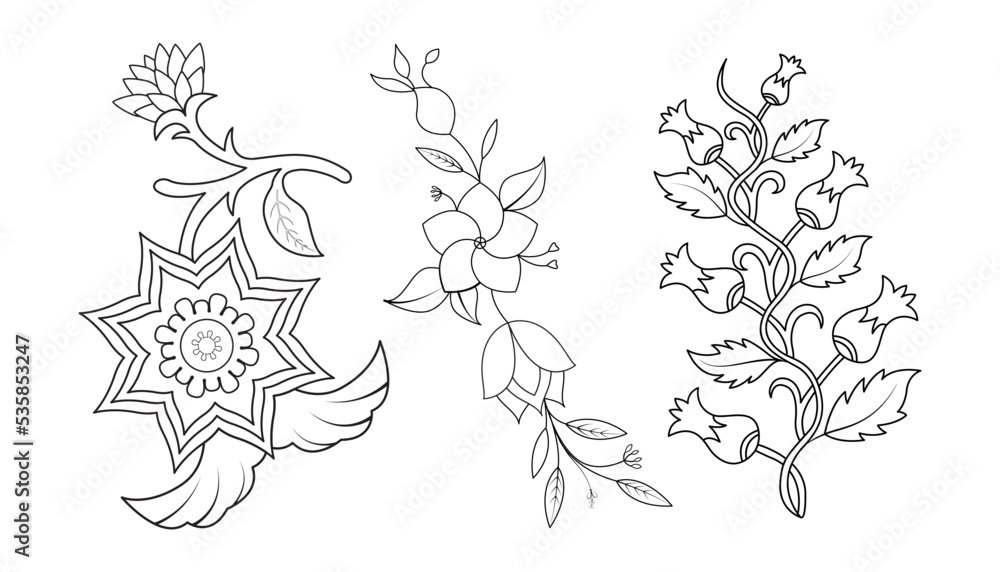 Set of floral line art hand drawn simple flower coloring pages for kids ...