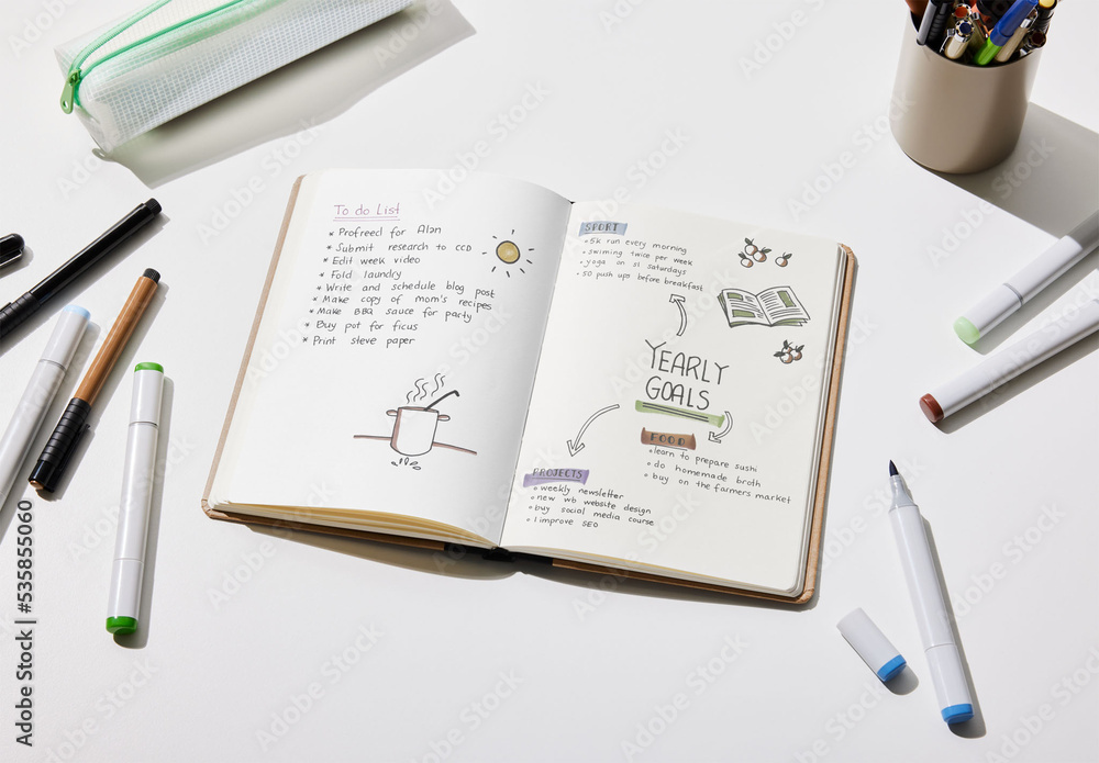 Sketchbook Mockup with Pens and Brushed Over Desk Stock Template ...