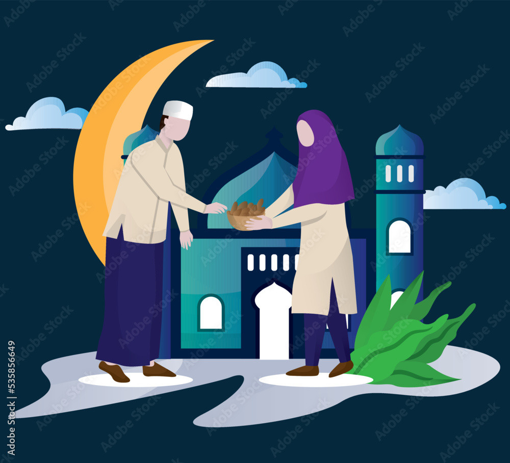 Muslims people sharing food for charity, ramadan concept illustration ...