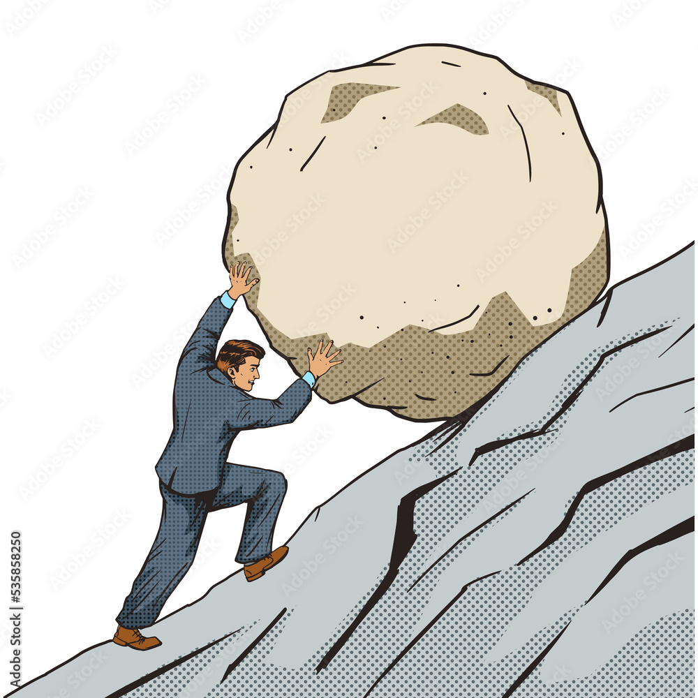 Businessman pushing a stone uphill pop art PNG illustration with ... Businessman pushing a stone uphill pop art PNG illustration with ...