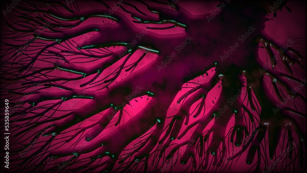 red background illustration with silhouette of blood flowing like roots ...