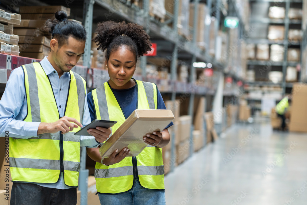 African American female worker and an Asian male colleague wear safety ...