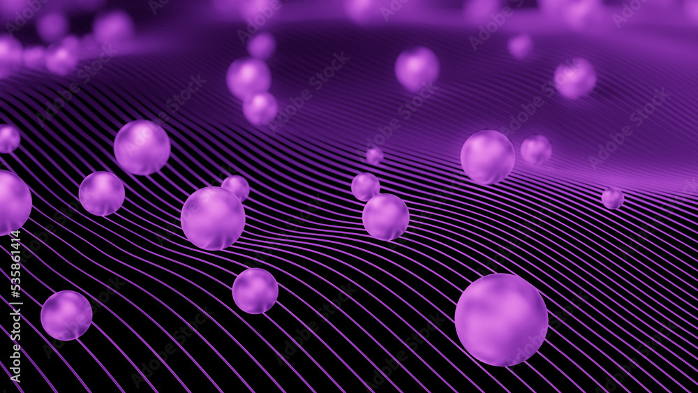3D render of colourful shiny purple spheres on wavy lines with depth of ...