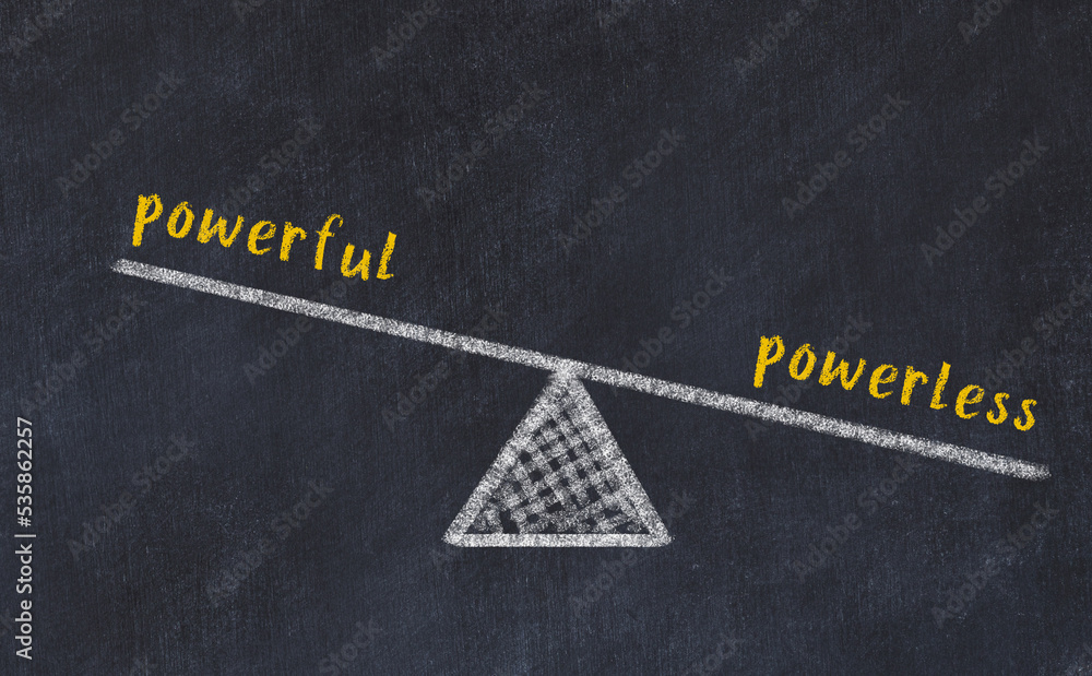 Chalk drawing of scales with words powerful and powerless. Concept of ...