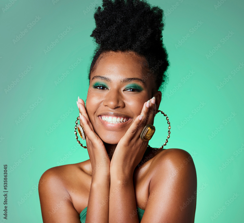 Creative Green Screen Face Makeup And Black Woman With Smile For