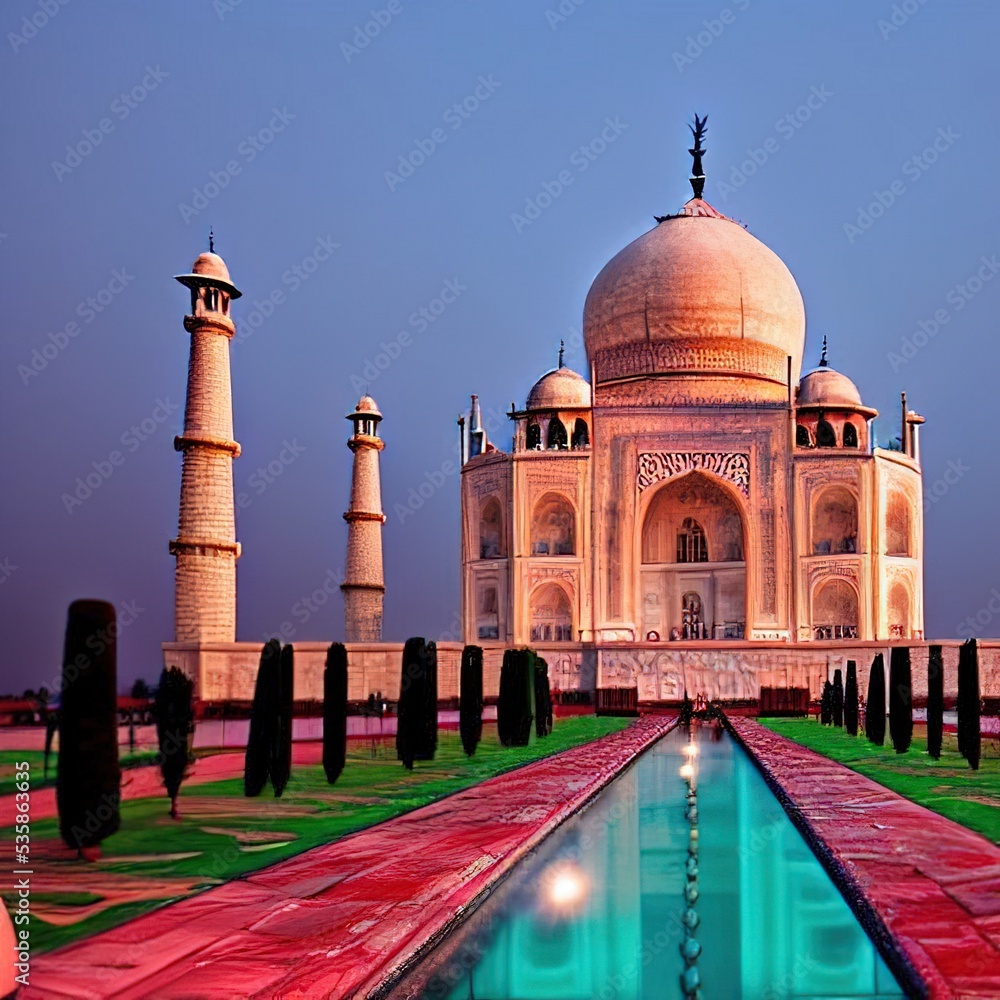 Abstract of taj mahal under blue sky at night with huge moon ...