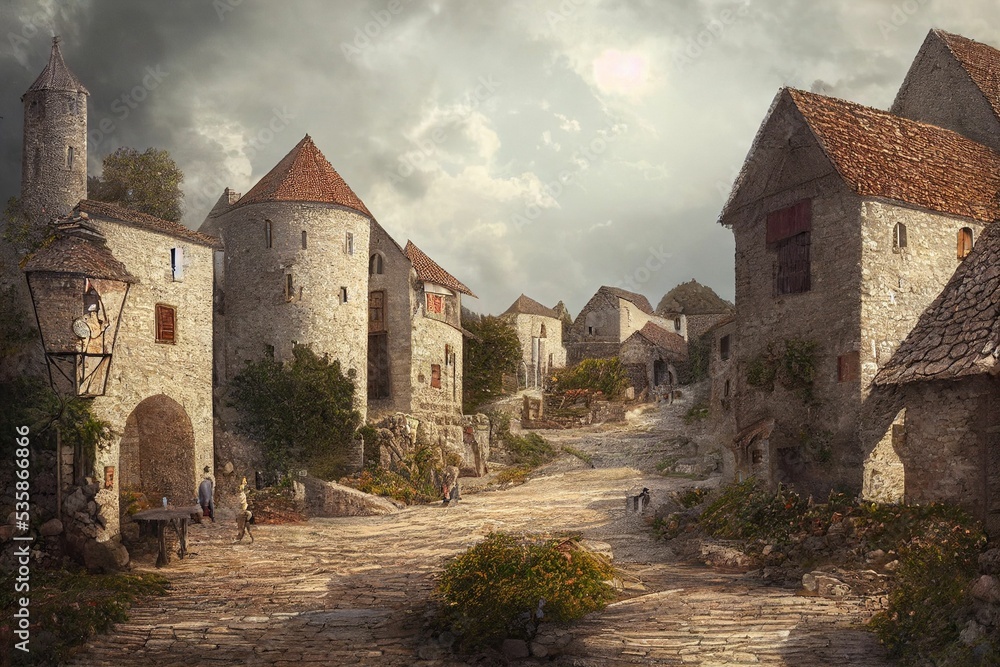 Hyper-realistic illustration of a medieval town Stock Illustration ...