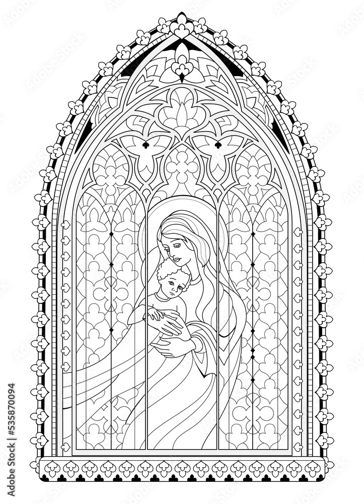 Beautiful Gothic stained glass window from French church with Madonna ...