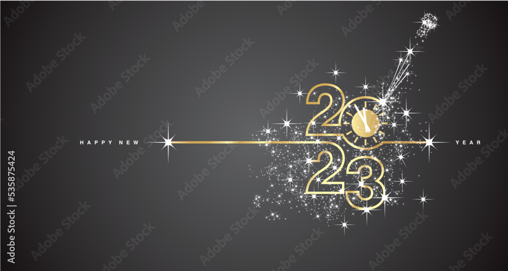 New Year 2023 countdown line design firework champagne gold white black ...