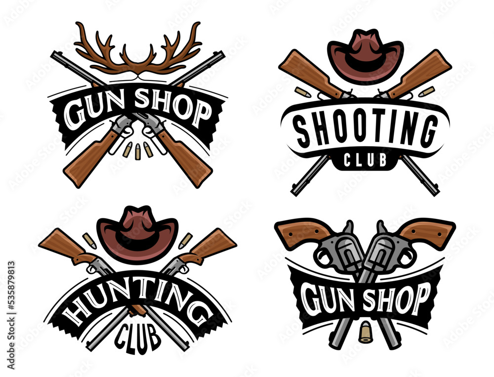 Gun shop, Hunting club badge or logo. Pistol, shotgun symbol set ...