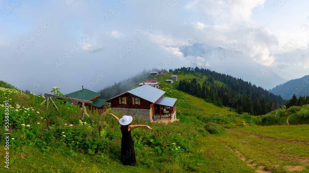 Traditional wooden houses at highlands. Landscape photo was taken in ...