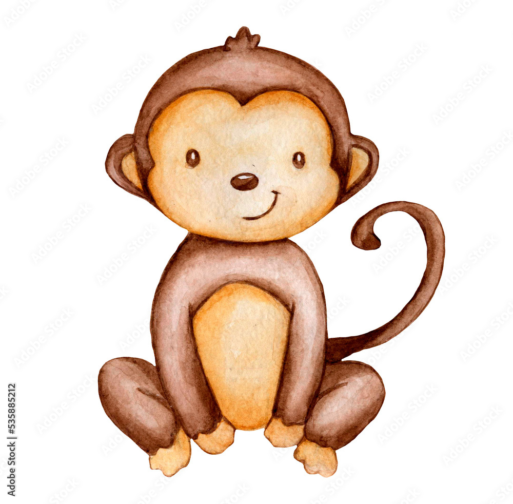 Little cute cartoon monkey- watercolor illustration. Hand draw ...