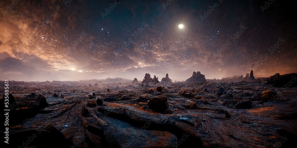 Alien planet fantasy wallpaper landscape 3D illustration with copy ...