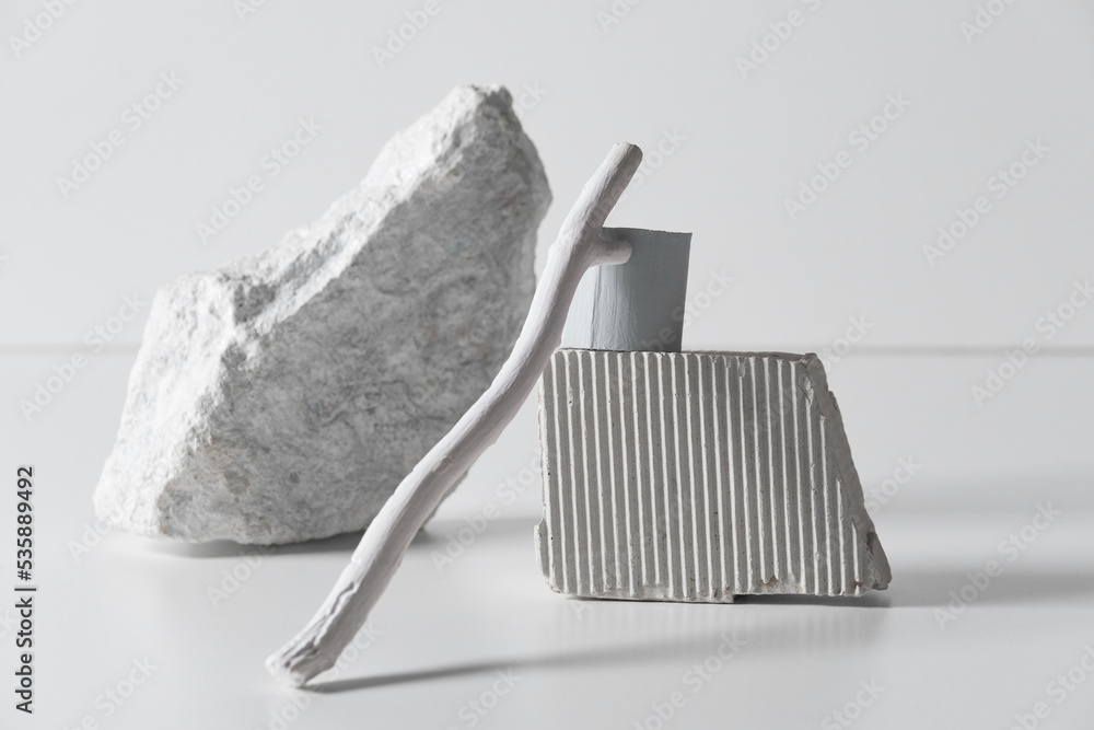 Horizontal studio shot of still life composition made of various white ...
