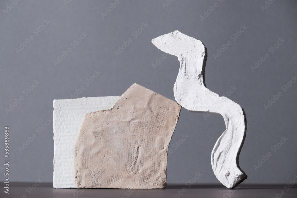 Horizontal close-up studio shot of contemporary still life installation ...