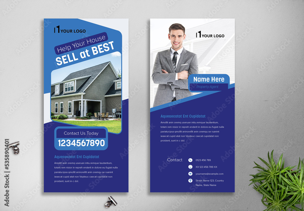 Real Estate Agent Dl Flyer in Blue Color Stock Template | Adobe Stock
